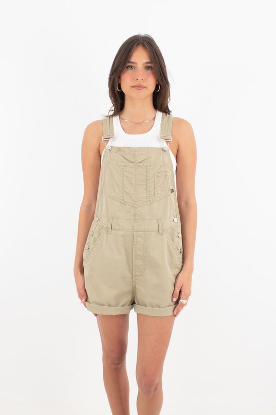 90s 1990s Dark Beige Short Denim Overalls | Unisex Me… - Gem