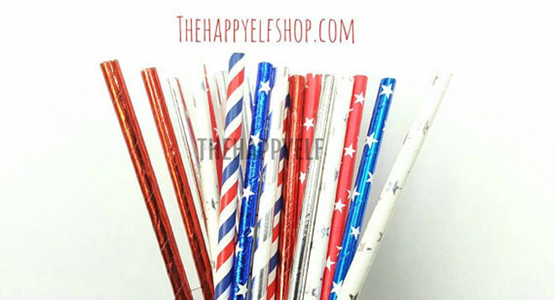 Patriotic Party Straws. Patriotic Straws. Red White Blue Straws. Silver ...