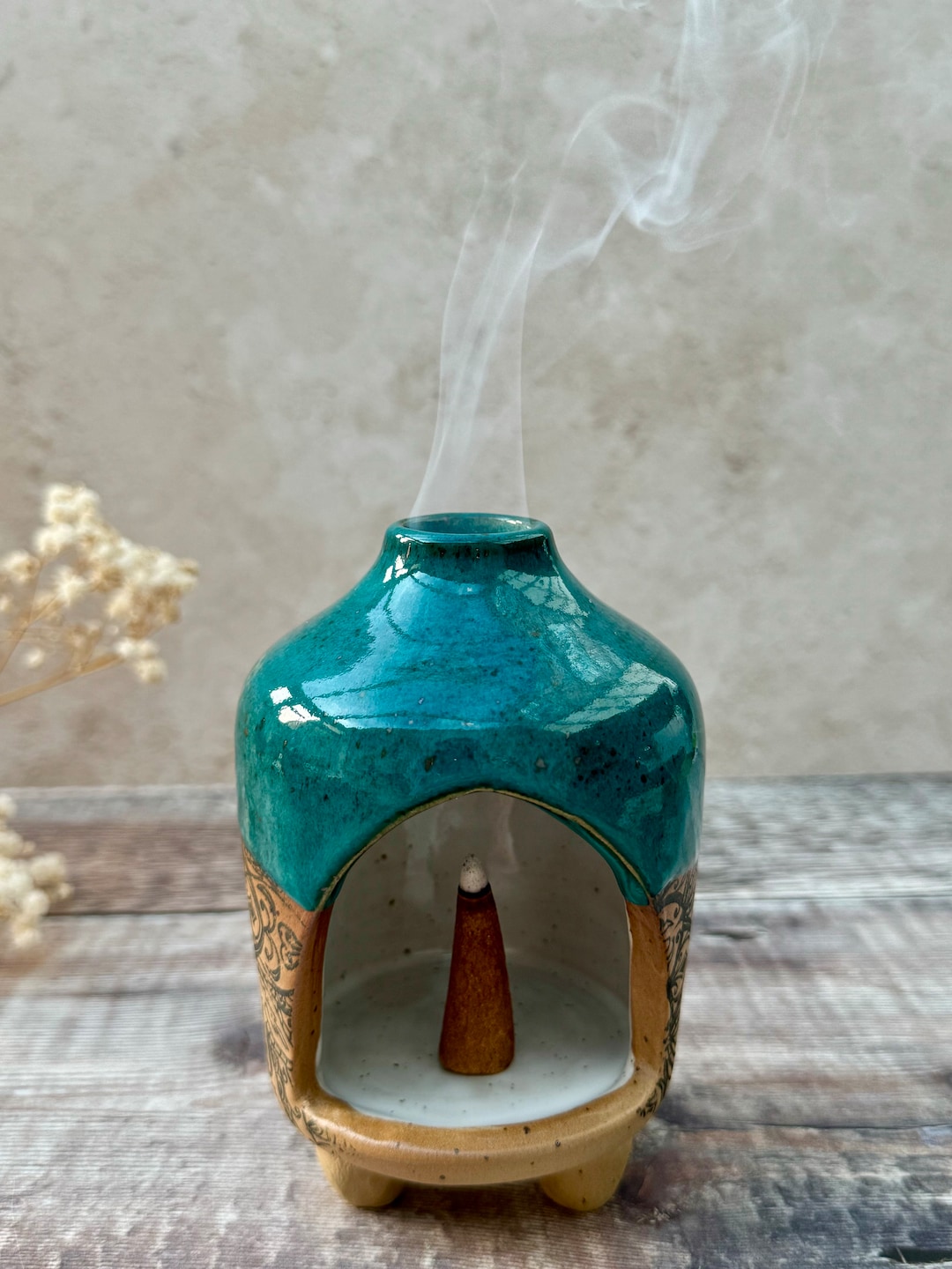 Ceramic Incense Burner Chiminea Black Mandala With Teal Glaze - Etsy
