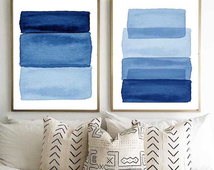 Blue Wall Art Abstract Art Prints Watercolor Paintings Stripes - Etsy