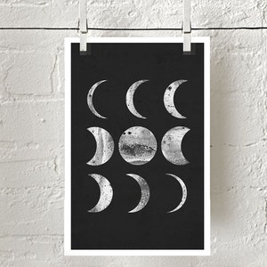 Moon Phase Print, Minimalist Poster, Black White Wall Art, Lunar Phases ...