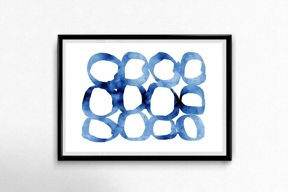 Blue Painting Abstract Watercolor Print Circles Loops Indigo | Etsy