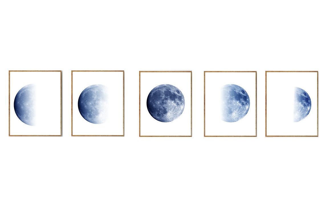 Navy Blue Moon Phases Lunar Prints Set of 5 Coastal Style - Etsy