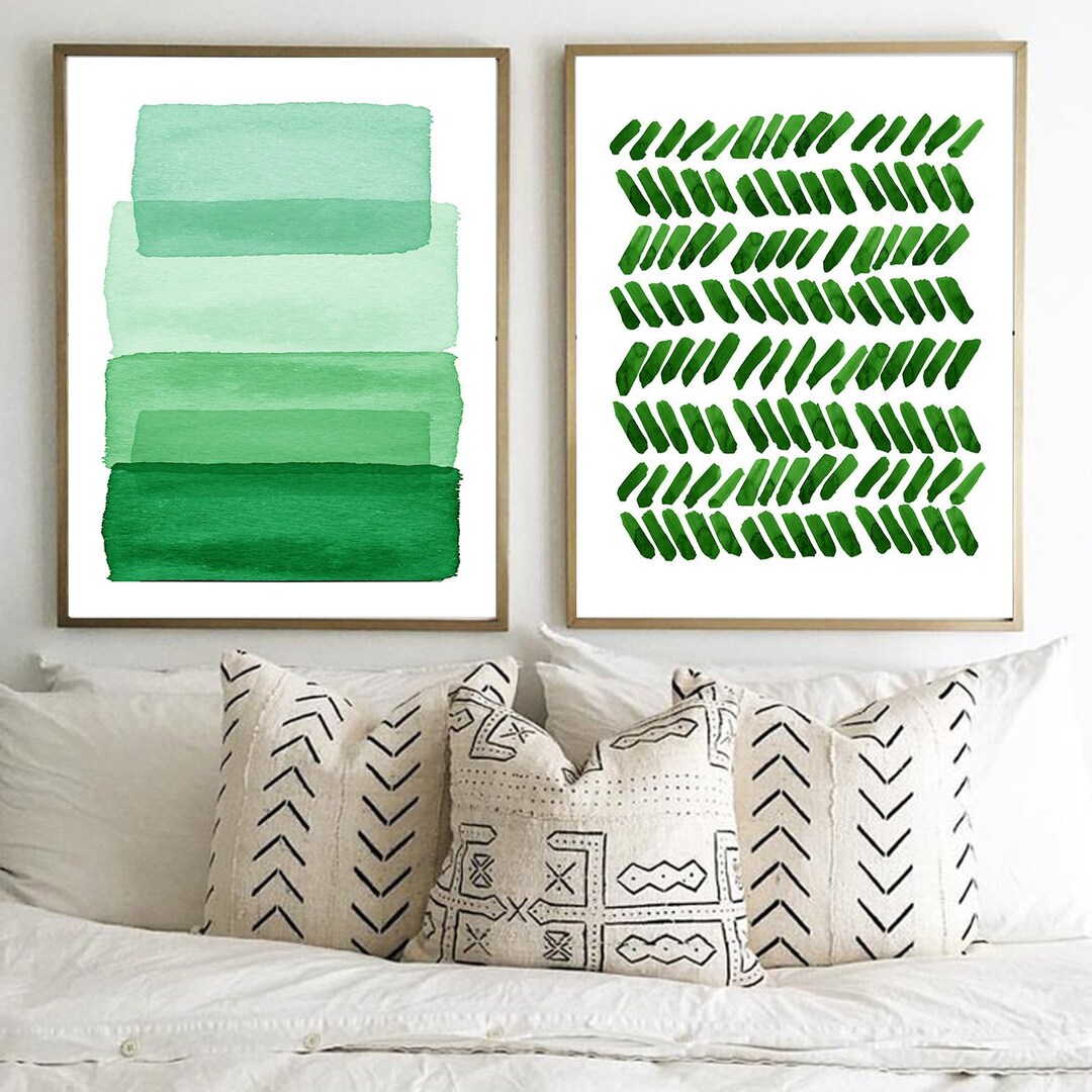Set of 2 Green Abstract Prints Large Watercolor Paintings Stripes Dots ...