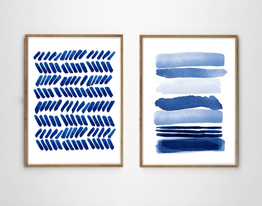Blue Abstract Watercolor Prints Set of 2 Indigo Blue Navy | Etsy