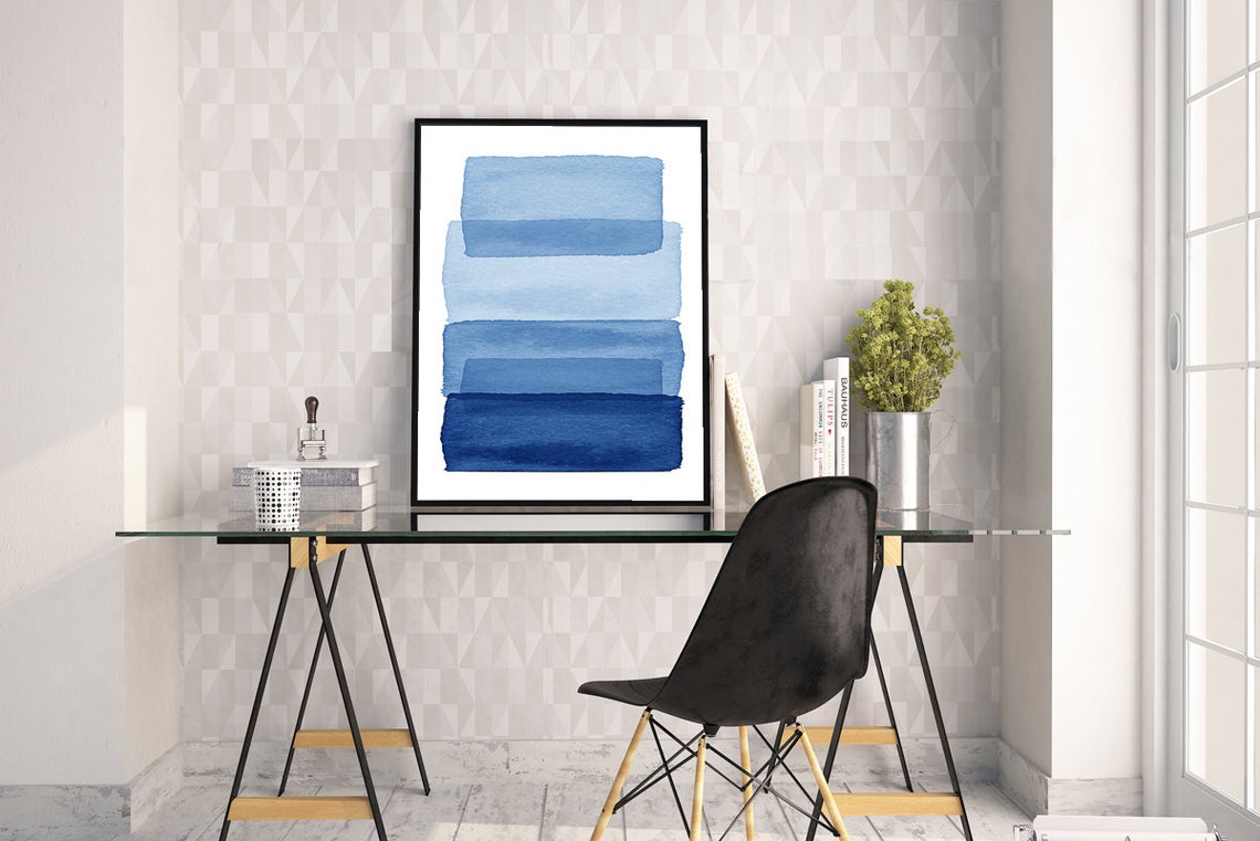 Blue Abstract Art Print Watercolor Painting Geometric Wall Art - Etsy