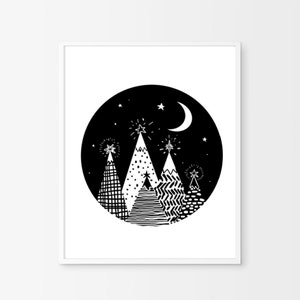 Holiday Print Christmas Tree Scandinavian Christmas Art Black White ...