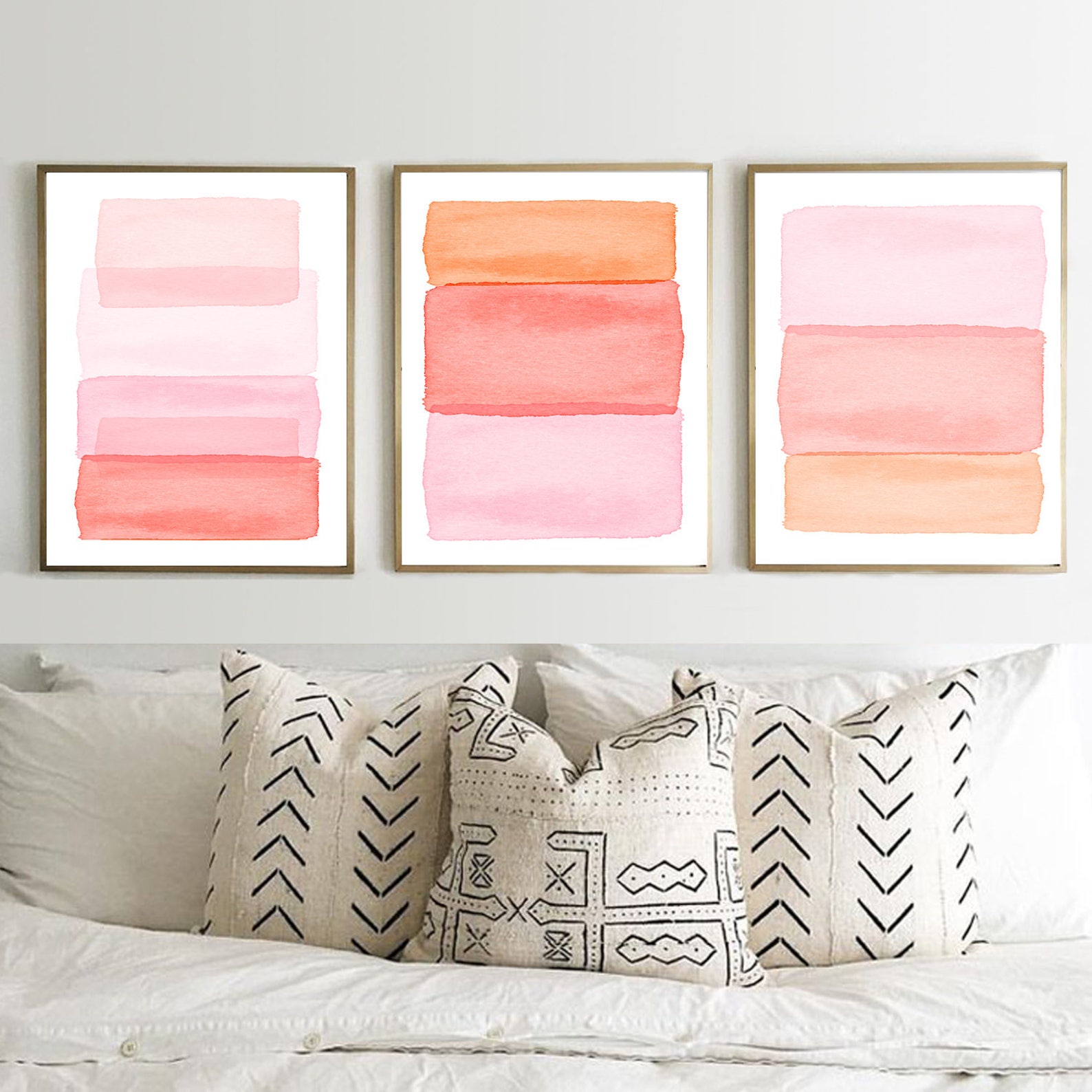 Abstract Wall Art, Pink Watercolor Painting Set of 3, Peach Blush Rose ...