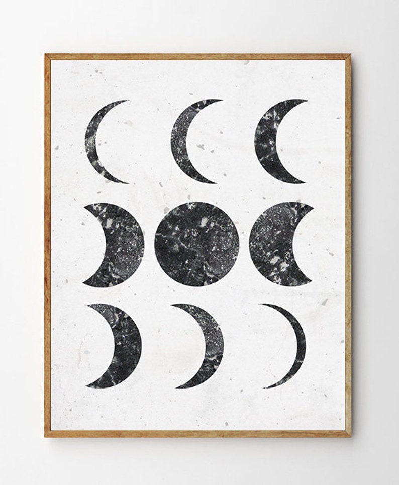 Moon Phases Print Lunar Phases Art Black and White | Etsy