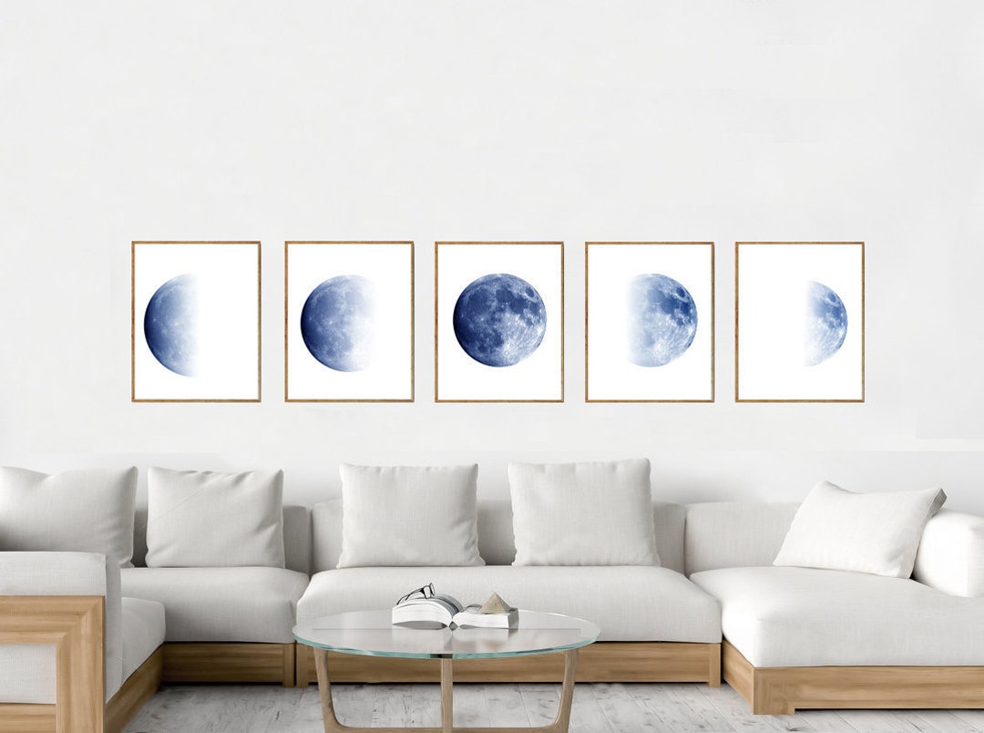 Navy Blue Moon Phases Lunar Prints Set of 5 Coastal Style Prints Boho ...