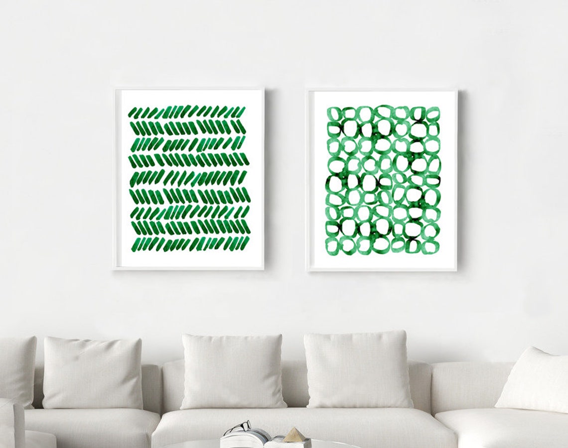 Large Wall Art Green Abstract Watercolor Prints Set of 2 Dots - Etsy