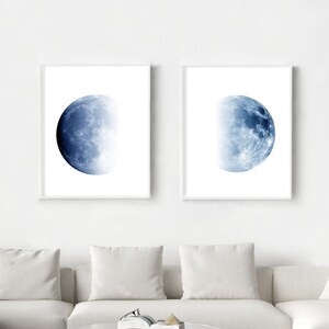 Moon Prints Set Indigo Blue Wall Art Lunar Phases Large Posters Science ...
