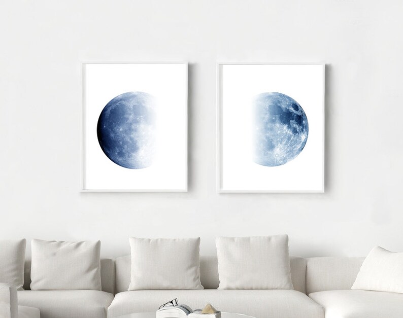 Moon Prints Set Indigo Blue Wall Art Lunar Phases Large | Etsy