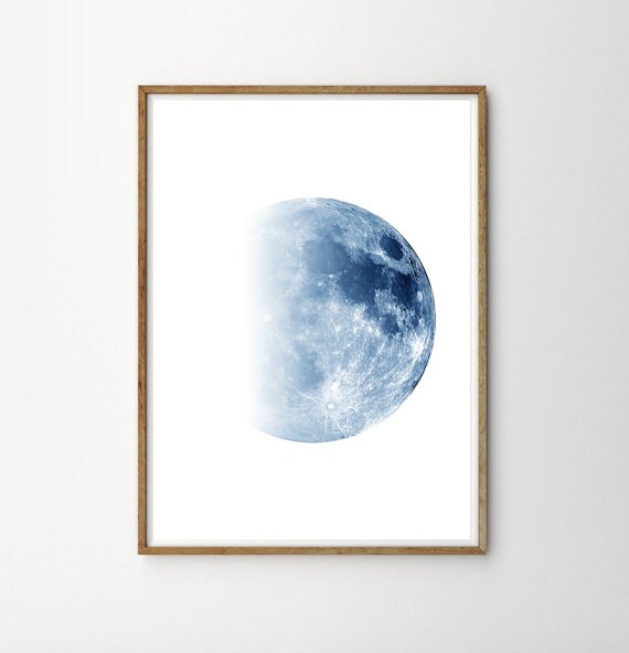Moon Prints Set Indigo Blue Wall Art Lunar Phases Large | Etsy