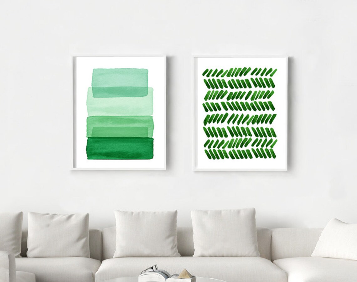 Set of 2 Green Abstract Prints Large Watercolor Paintings - Etsy