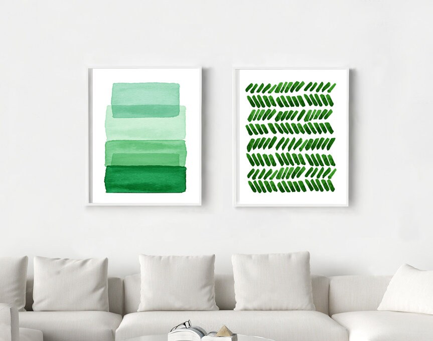 Set of 2 Green Abstract Prints Large Watercolor Paintings - Etsy