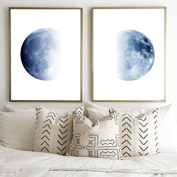 Moon Prints Set Indigo Blue Wall Art Lunar Phases Large | Etsy