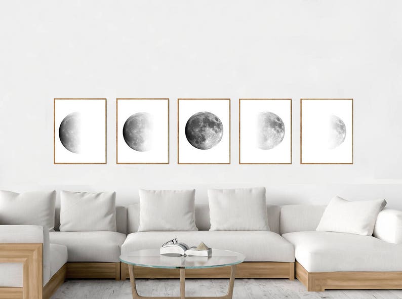 Moon art Print Phases Lunar Poster Black White Set of 5 Luna | Etsy
