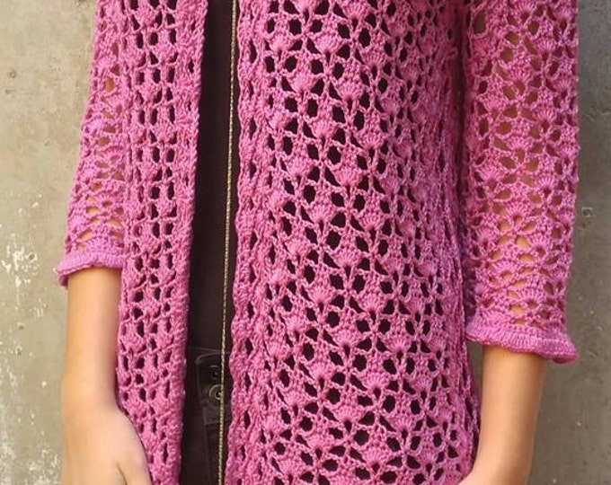 Crochet Long Lace Cardigan Lady's Pink Cardigan Shortened 3/4 Sleeves ...