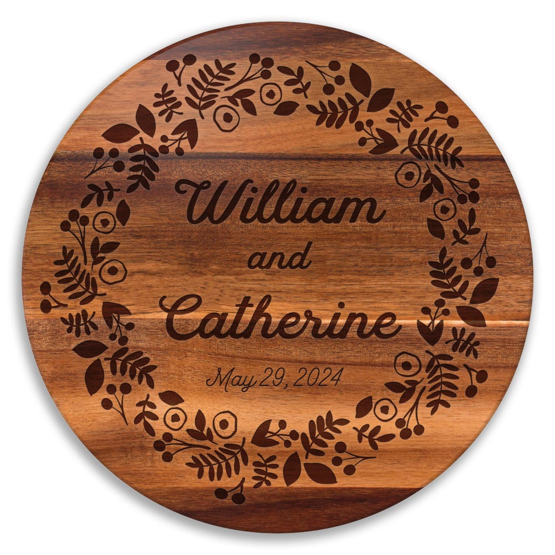 Engraved Acacia Wood Lazy Susan • Floral Wreath, Personalized Wedding ...