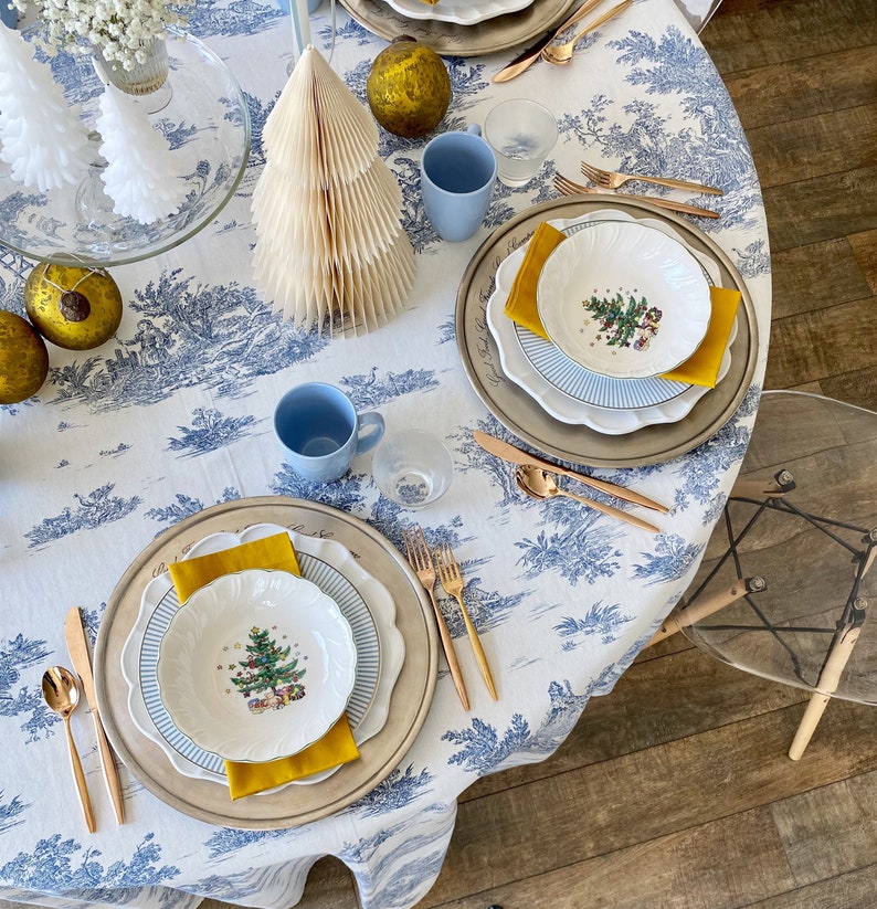 Italian Washed Cotton Blue Toile Holiday Tablecloth Coastal - Etsy