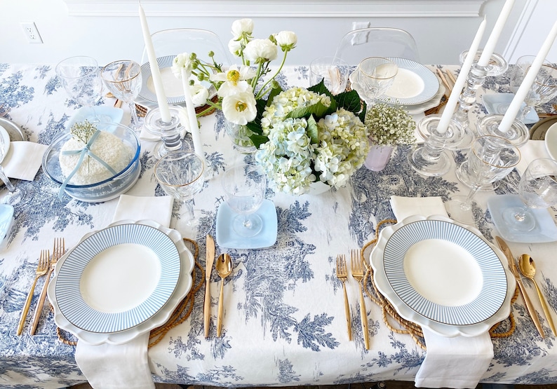 Italian Washed Cotton Blue Toile Baby Shower Tablecloth | Blue & White ...