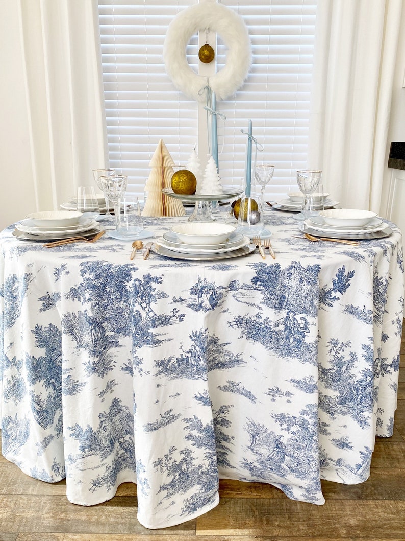 Italian Washed Cotton Blue Toile Holiday Tablecloth Coastal - Etsy