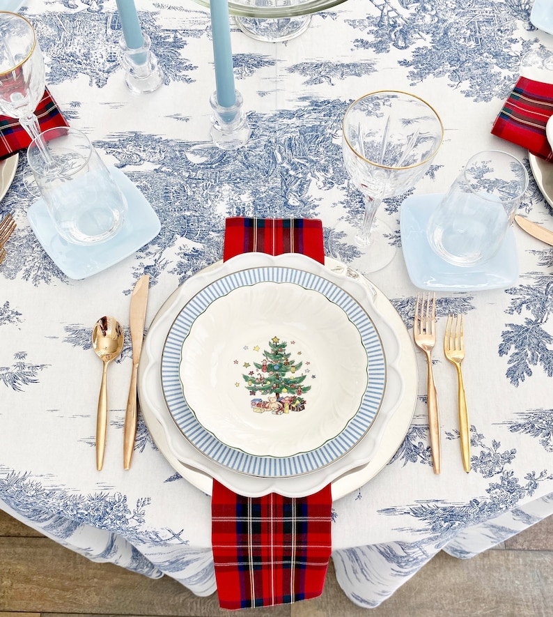 Italian Washed Cotton Blue Toile Christmas Tablecloth | Coastal Grandma ...