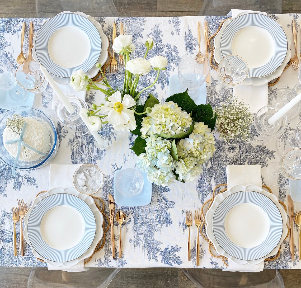 Italian Washed Cotton Blue Toile Baby Shower Tablecloth | Blue & White ...