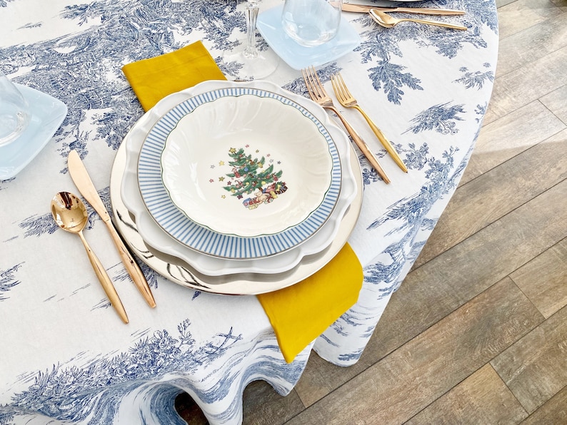Italian Washed Cotton Blue Toile Holiday Tablecloth Coastal - Etsy