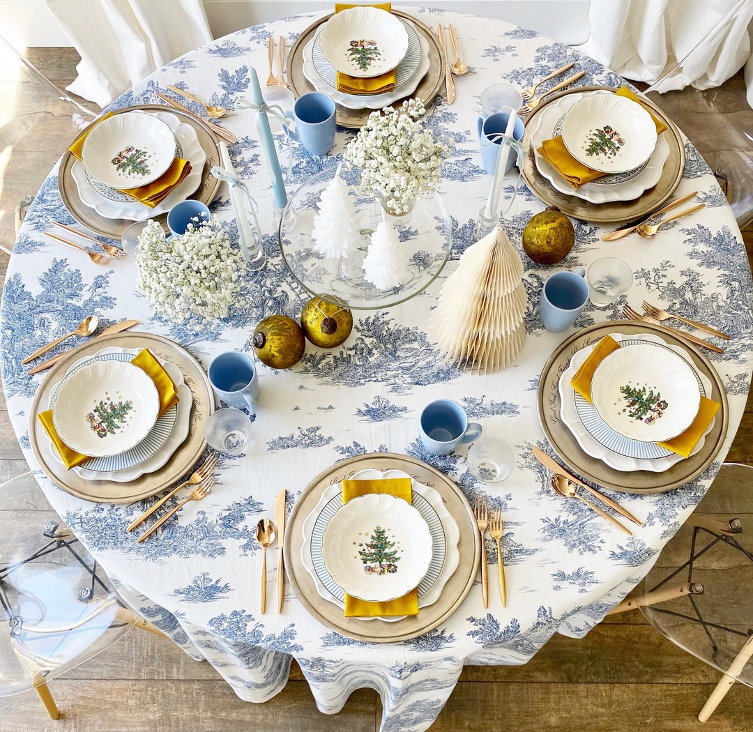 Italian Washed Cotton Blue Toile Holiday Tablecloth | Coastal Grandma ...