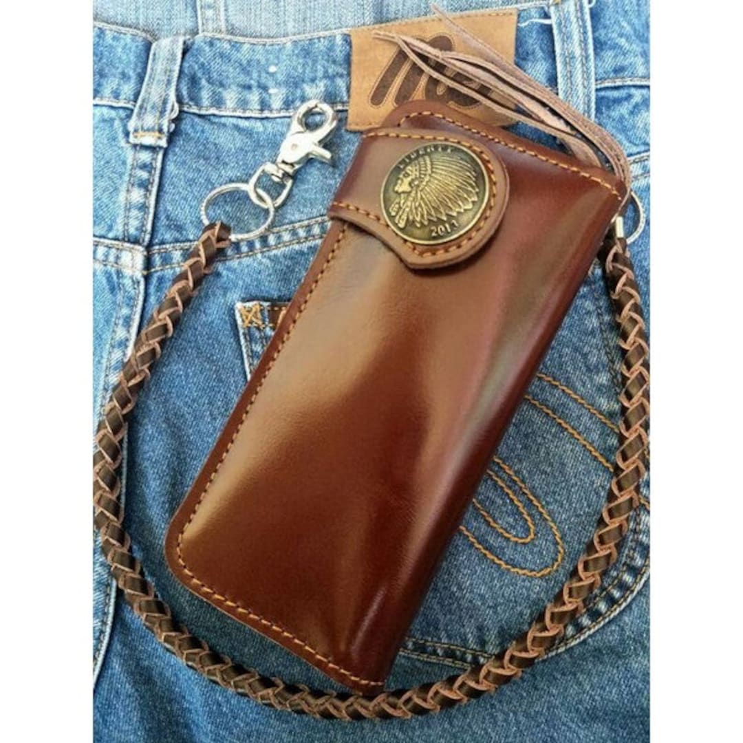 Mens Brown Bifold Wallet Trucker Biker Wallet Motorcycle Long Leather ...