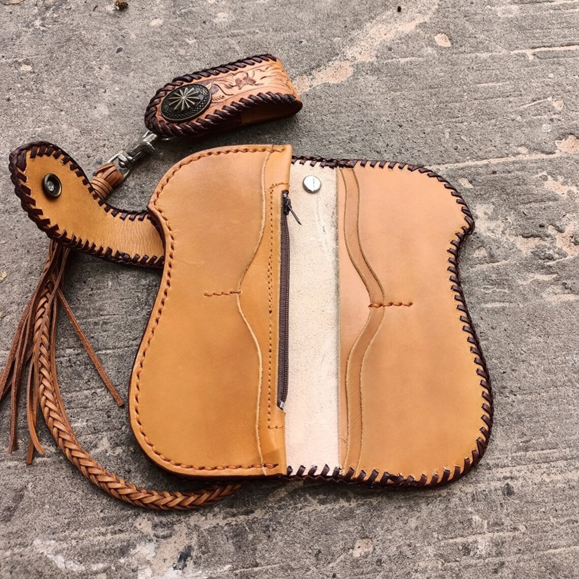 Carved Leather Handmade Leather Walltet Mens Bifold Wallet Motorcycle ...