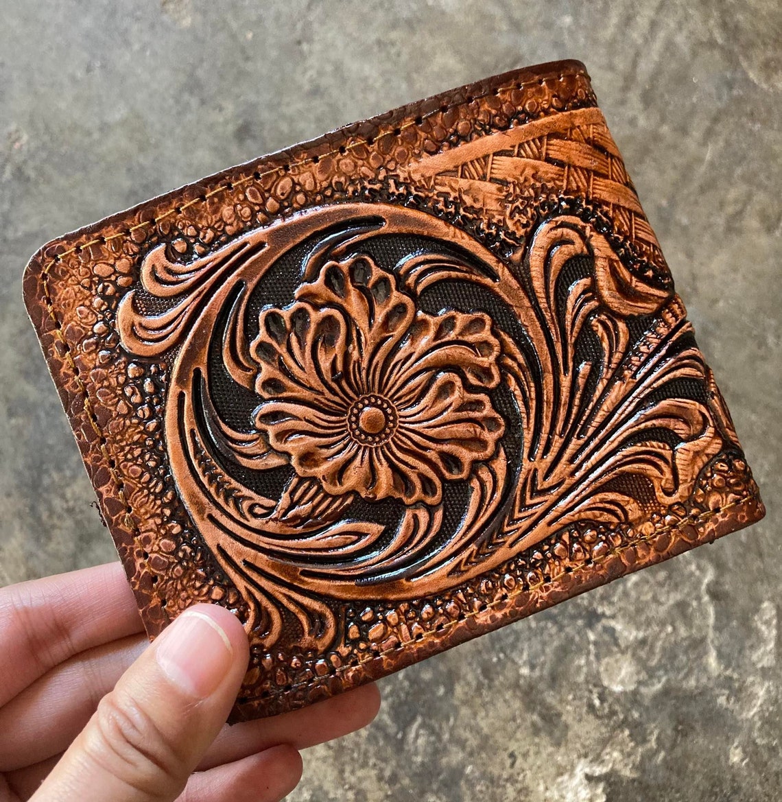 Carved Leather Mens Wallet Flower Carved Wallet Bifold Wallet Western ...
