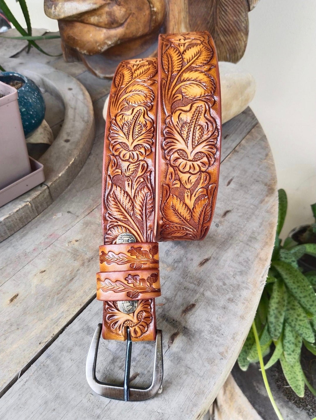 Carved Leather Belt Handmade Leather Belt for Mens Western Cowboy Belt ...