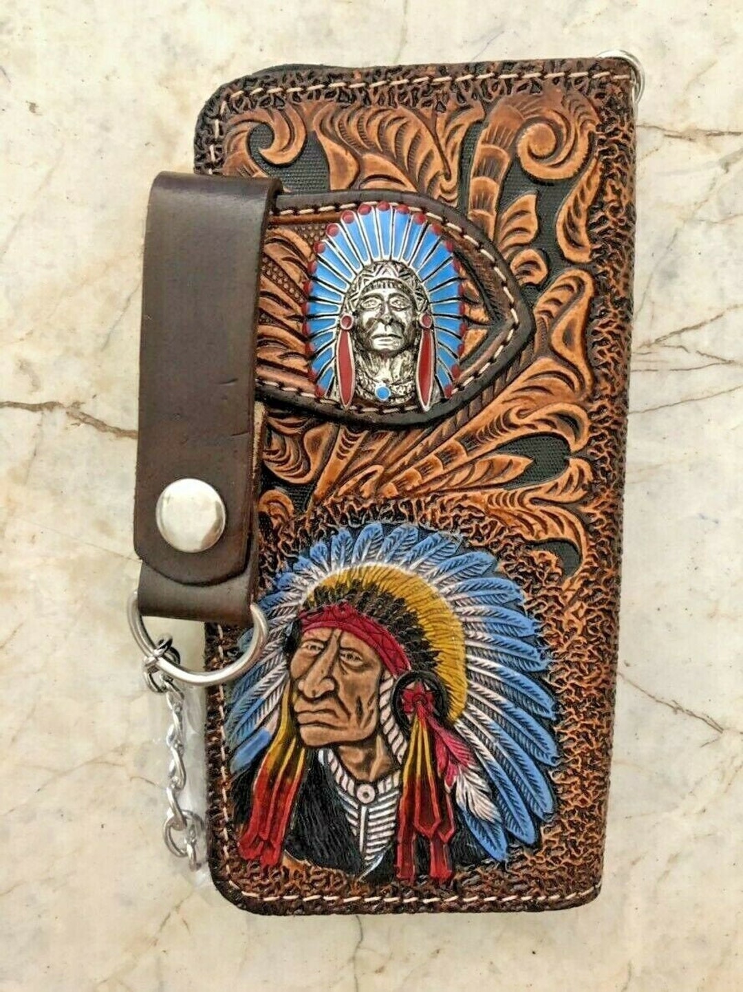 Carved Leather Mens Biker Wallet Chain Indigenous Chief Tooled Leather ...