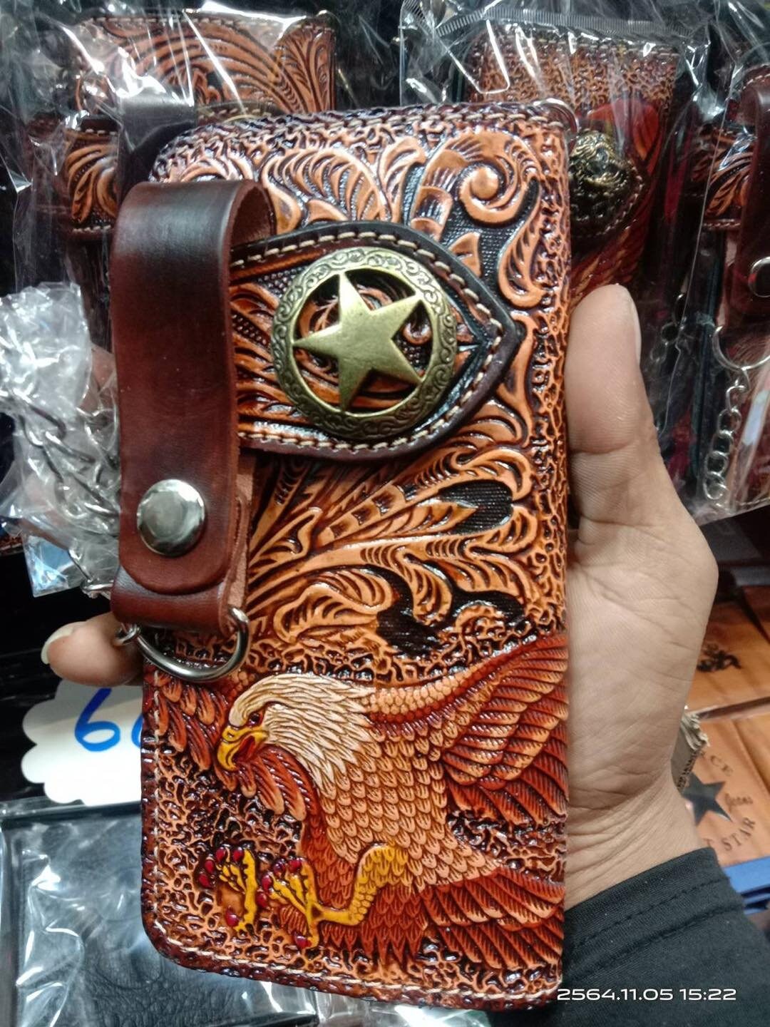 Carved Leather Mens Biker Wallet Chain Eagle Tooled Leather Bifold ...
