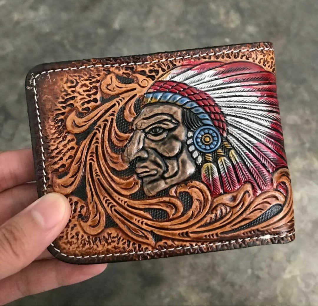 Handmade Carved Leather Wallet Indigenous Chief Wallet Western Cowboy ...