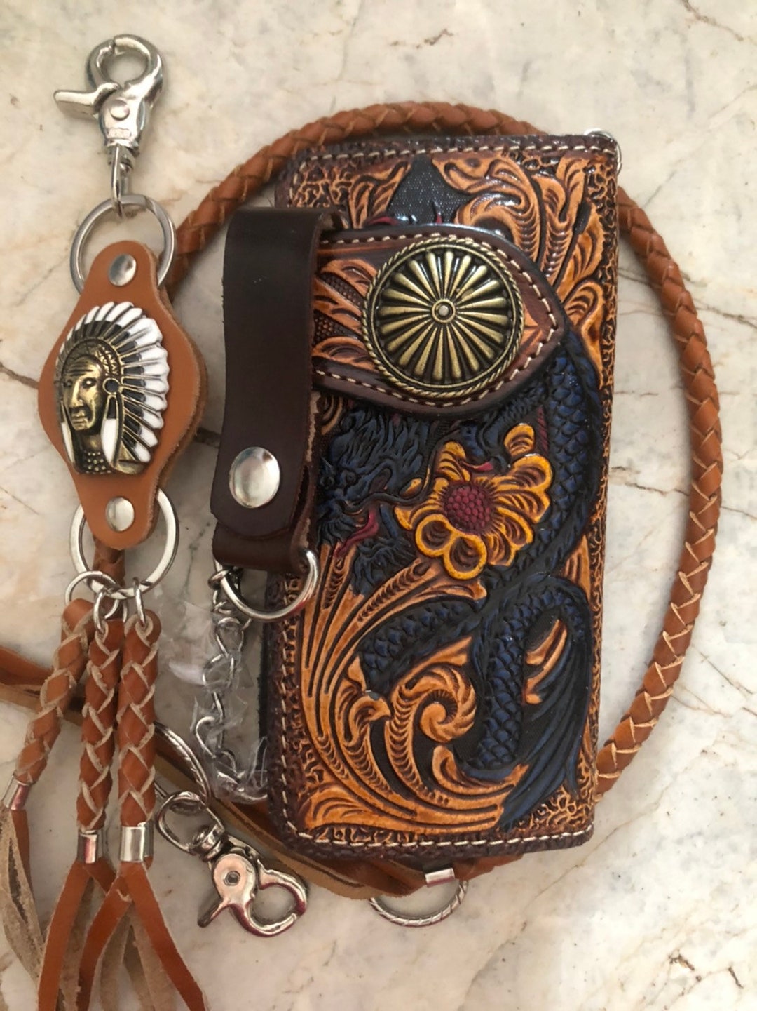 Carved Leather Biker Wallet Chain Dragon Carved Wallet Bifold Western ...