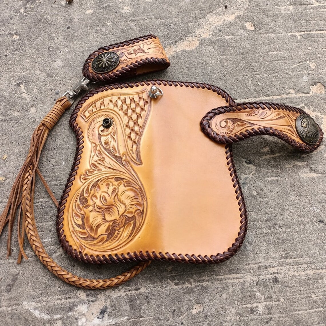 Carved Leather Handmade Leather Walltet Mens Bifold Wallet Motorcycle ...