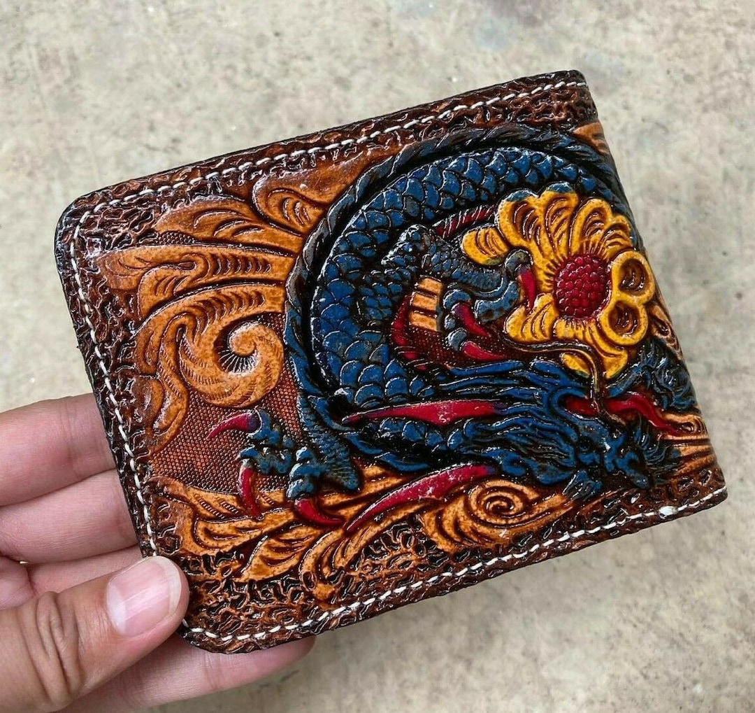 Handmade Carved Leather Wallet Dragon Wallet Western Cowboy Bifold Mens ...