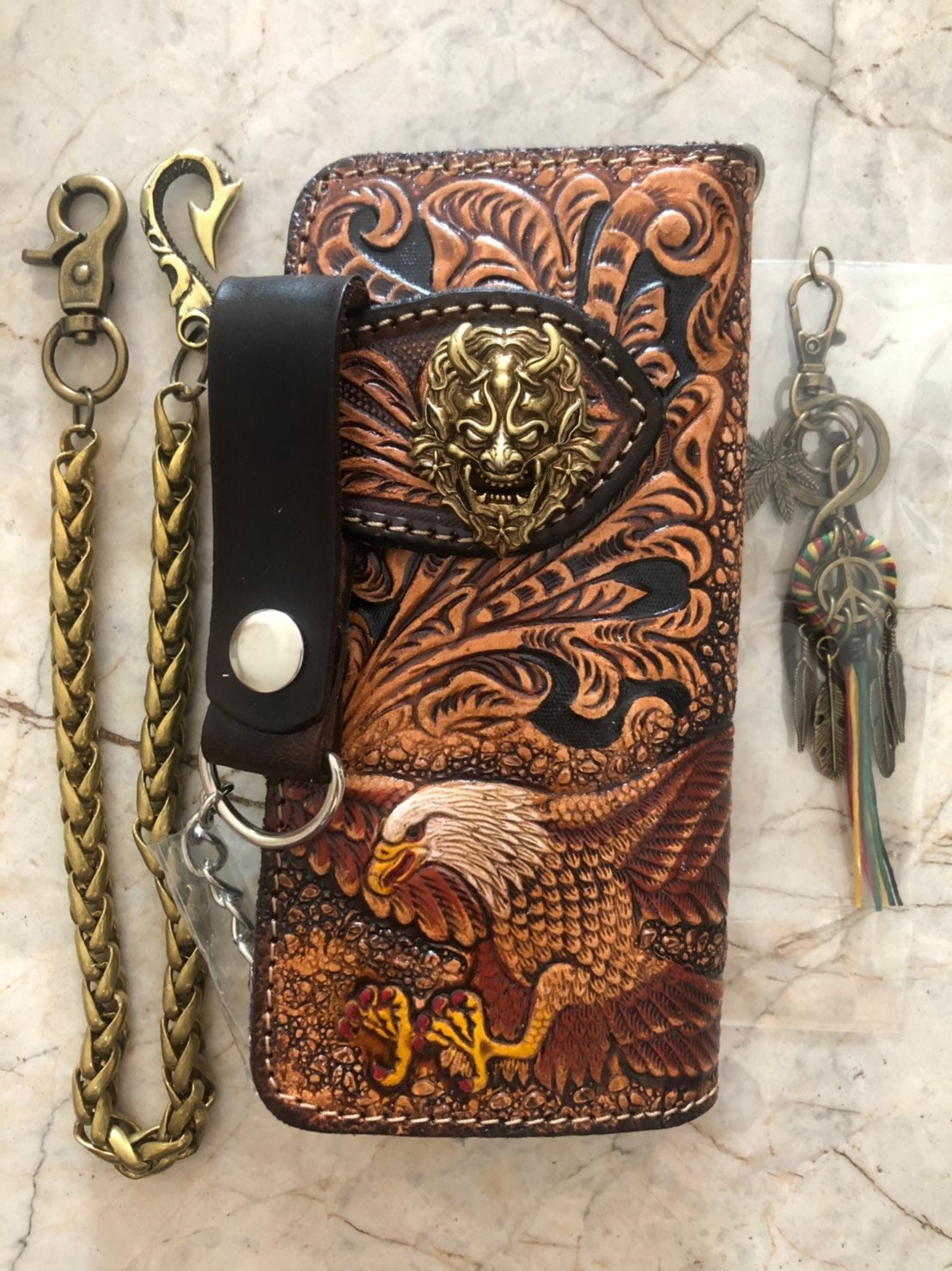 Carved Leather Mens Biker Wallet Chain Eagle Tooled Leather Bifold ...