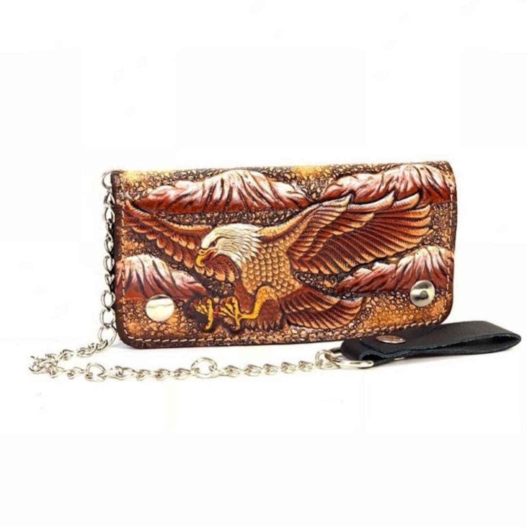 Carved Leather Mens Biker Wallet Chain Eagle Tooled Leather Bifold ...