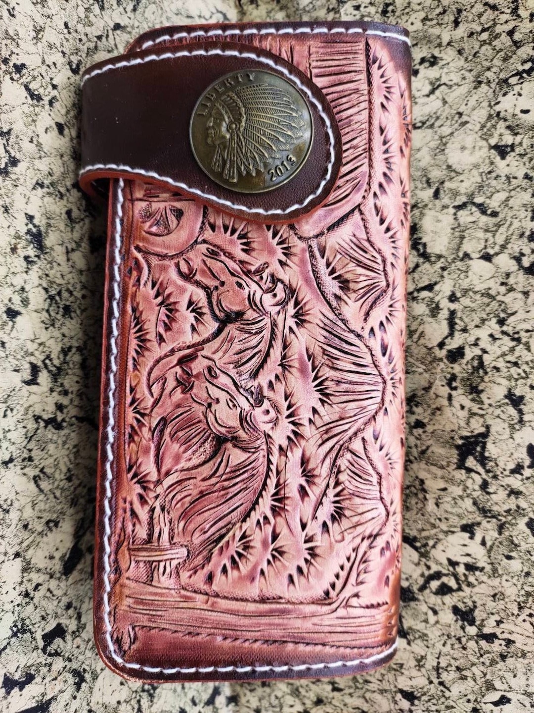 Carved Leather Biker Wallet Weed Carved Wallet Bifold Wallet Western ...