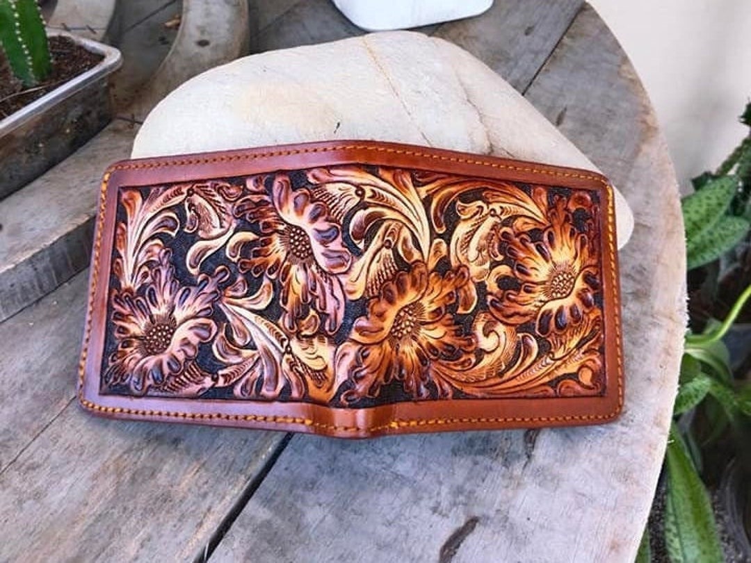 Carved Leather Mens Wallet Flower Carved Wallet Bifold Wallet Western ...
