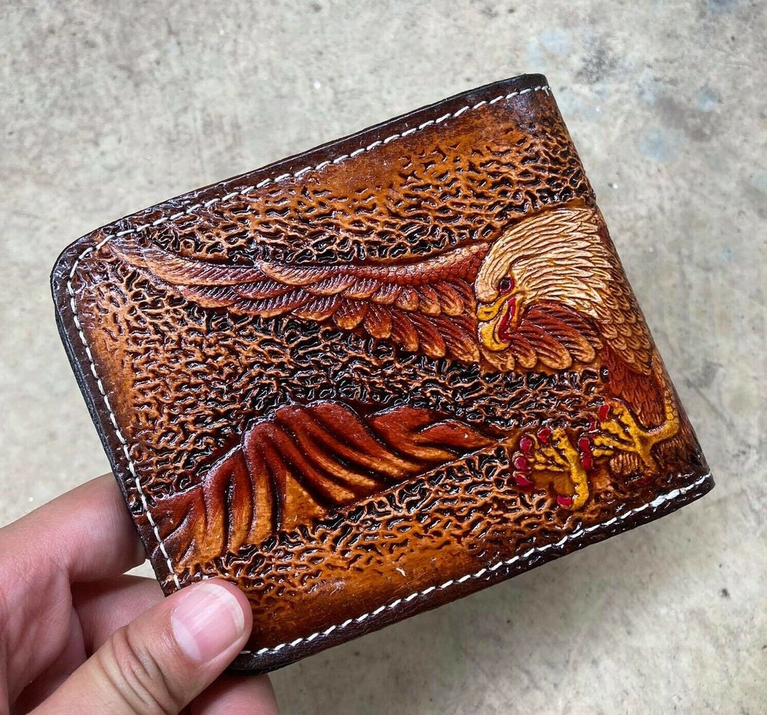 Handmade Carved Leather Wallet Eagle Wallet Western Cowboy Bifold Mens ...