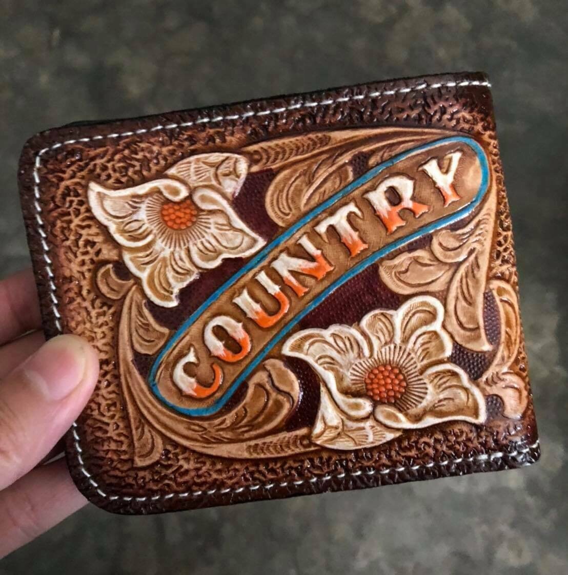 Carved Leather Mens Wallet Country Carved Wallet Bifold Wallet - Etsy