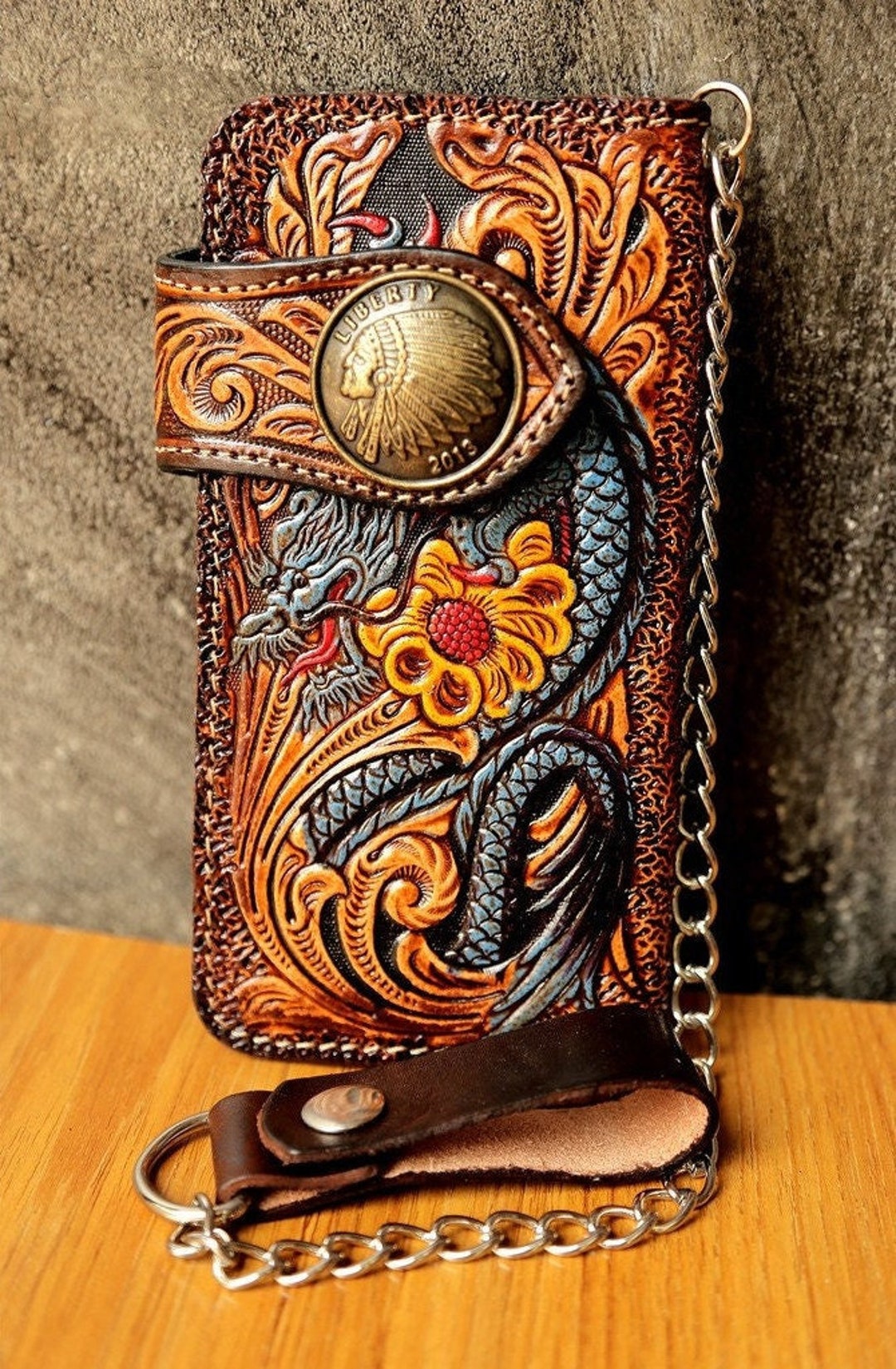 Carved Leather Mens Biker Wallet Chain Dragon Tooled Leather Bifold ...
