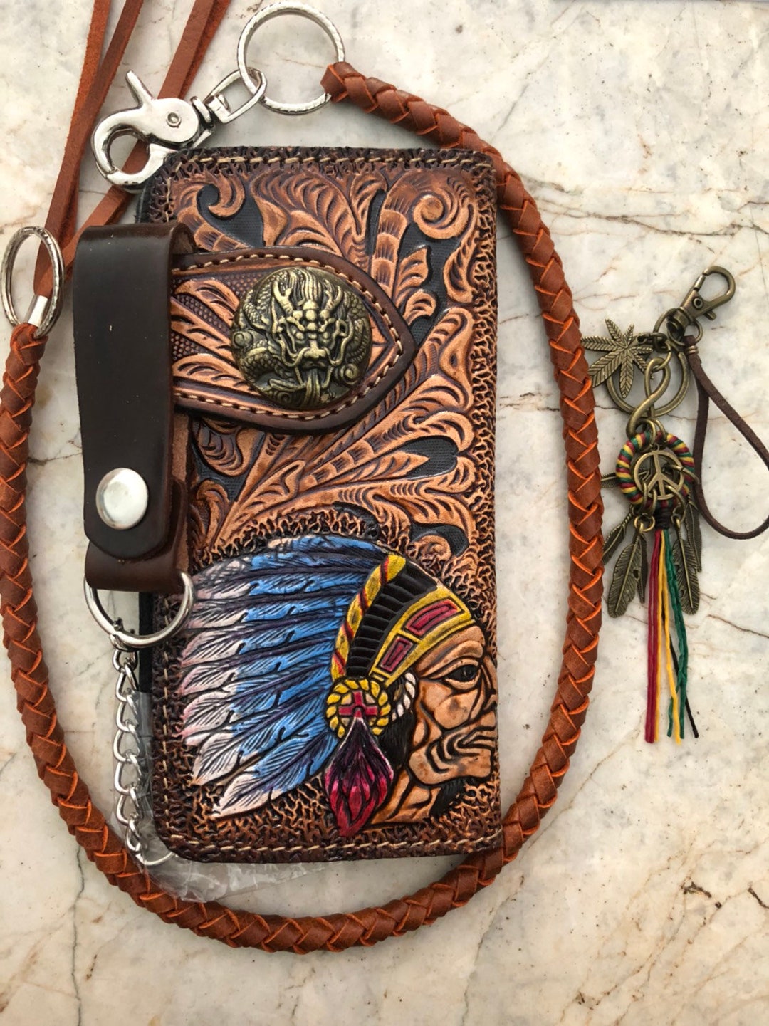 Carved Leather Mens Biker Wallet Chain Indigenous Chief Tooled Leather ...