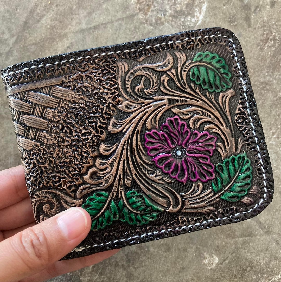 Handmade Carved Leather Wallet Floral Wallet Western Cowboy Bifold Mens ...